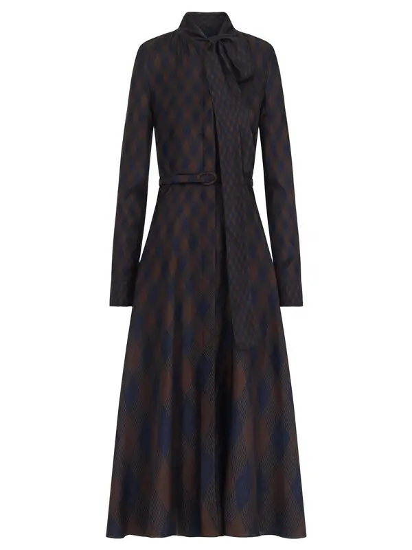 Oscar De La Renta Argyle Silk Twill Tie Neck Midi Dress - Brown