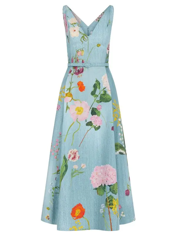 Oscar De La Renta Mixed Botanical Cotton Poplin V-neck Dress - Blue
