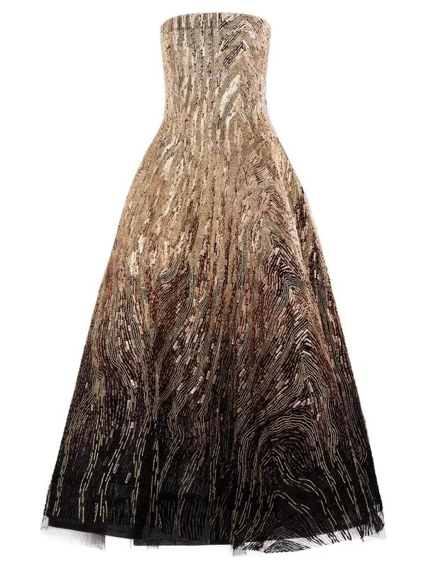 Oscar De La Renta Beaded Sequin Ombré Gown - Gold