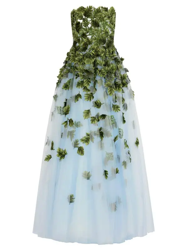Oscar De La Renta Strapless Gown With Leaf Appliqu - Blue
