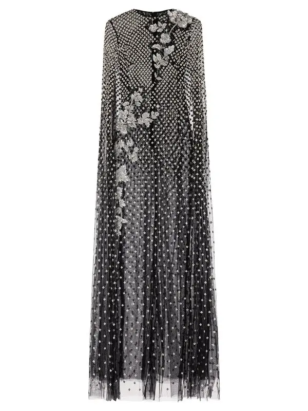 Oscar De La Renta Crystal Grid Floral Embroidered Caftan - Silver