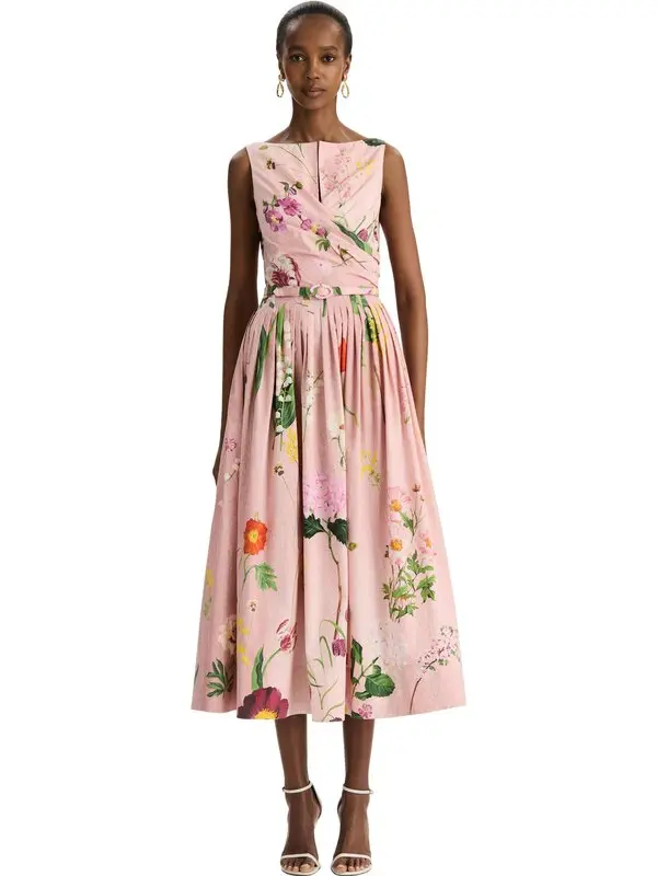 Oscar De La Renta Mixed Botanical Cotton Poplin Draped Midi Dress - One-color