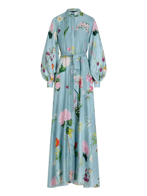 Oscar De La Renta Mixed Botanical Print Silk Twill Caftan - Blue