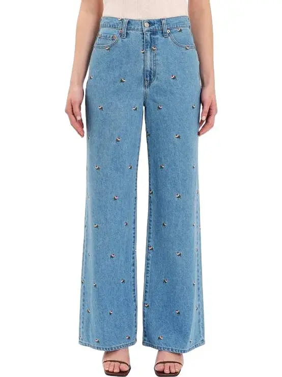 DAZE Floral Embroidered Wide Leg Jeans - Fated