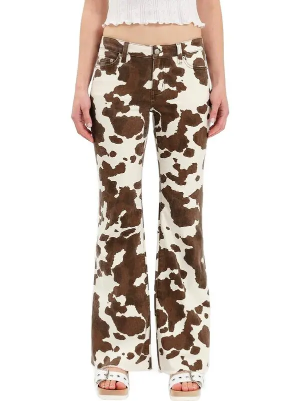 DAZE Cow Print Flare Jeans - Spotted