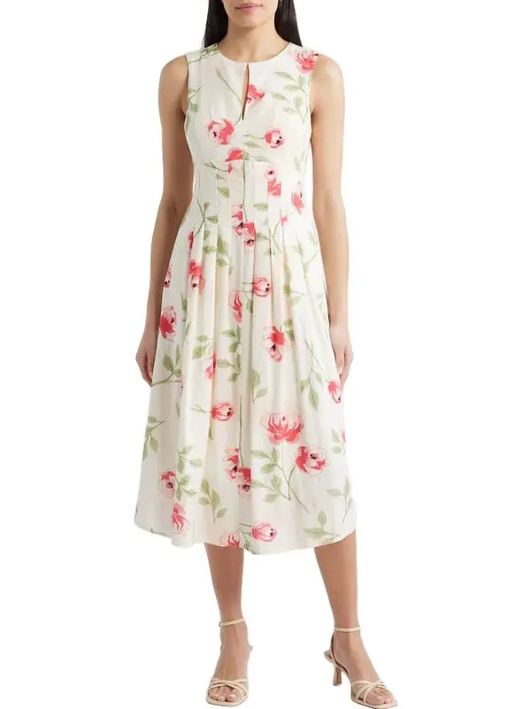 Sam Edelman Floral Pintuck Waist Dress - Ivory Floral