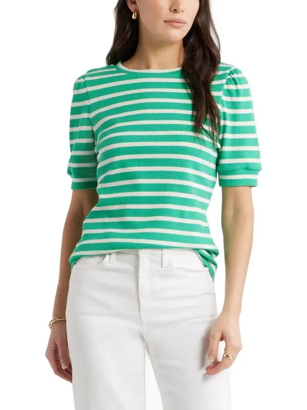 Caslon Stripe Elbow Sleeve Cotton Knit Top - Green Ease- Ivory Sena Stripe