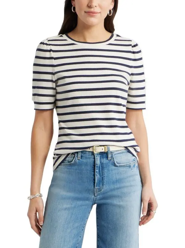 Caslon Stripe Elbow Sleeve Cotton Knit Top - Ivory- Navy Sena Stripe