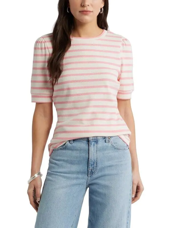Caslon Stripe Elbow Sleeve Cotton Knit Top - Ivory- Pink Sena Stripe