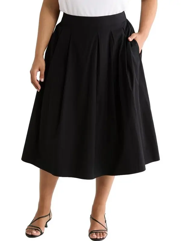 Nordstrom Pleated Cotton Poplin Midi Skirt - Black