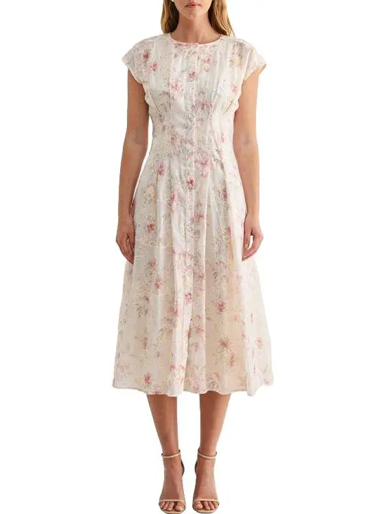 QUINCY MAE Embroidered Floral Cap Sleeve Shirt Dress - Cream Mauve Floral