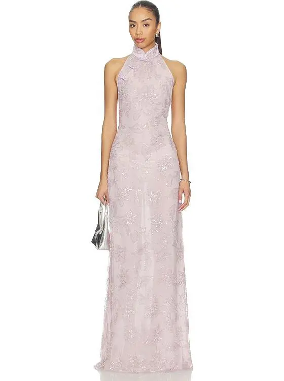 SAU LEE Grace Embellished Halterneck Maxi Dress - Lavender