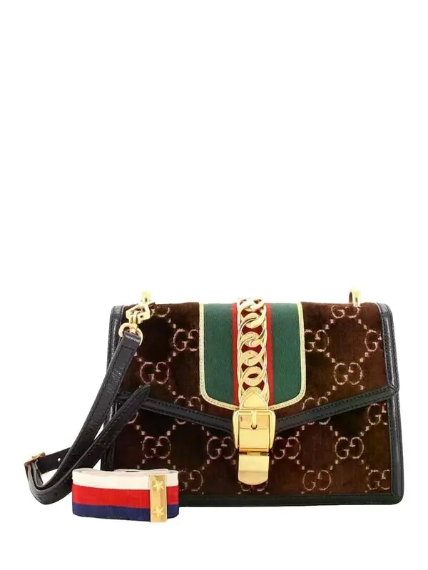 Gucci Sylvie Small Shoulder Bag Gg Velvet Crossbody - Brown