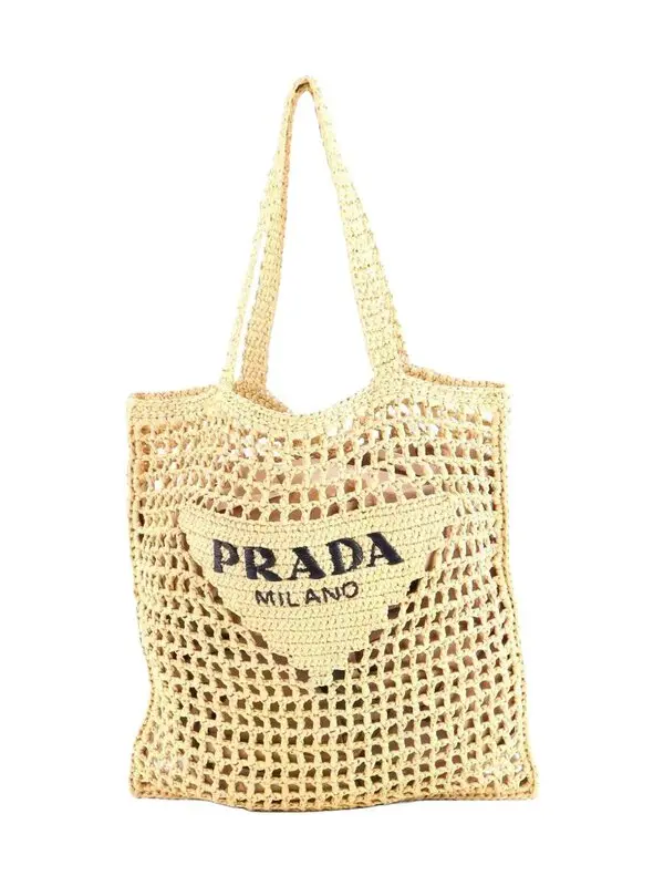 Prada Triangle Logo Open Raffia Tote Bag - Neutrals