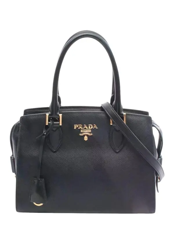 Prada Soft Calf Trimmed Saffiano Zippered Convertible Tote Satchel - Black
