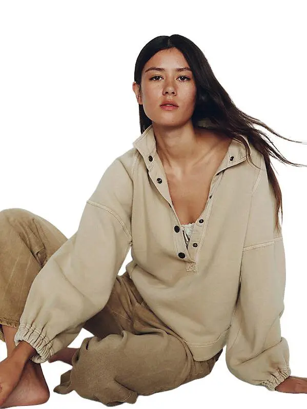 PILCRO Knit Project Canyon Henley Top - Semolina