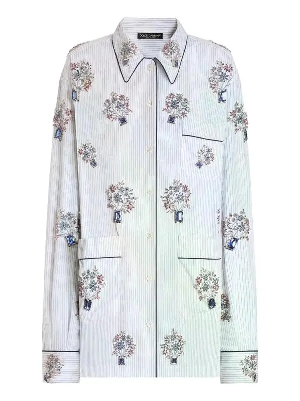 Dolce & Gabbana Poplin Shirt With Crystal Flower Embroidery - White