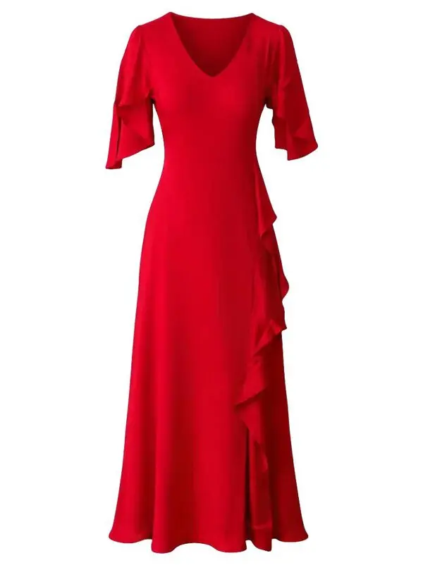 NOUVELLE SILK95FIVE Ruffled V-neck Midi Dress - Red