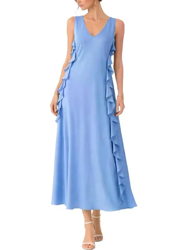 NOUVELLE SILK95FIVE Ruffled V-neck Midi Dress - Blue