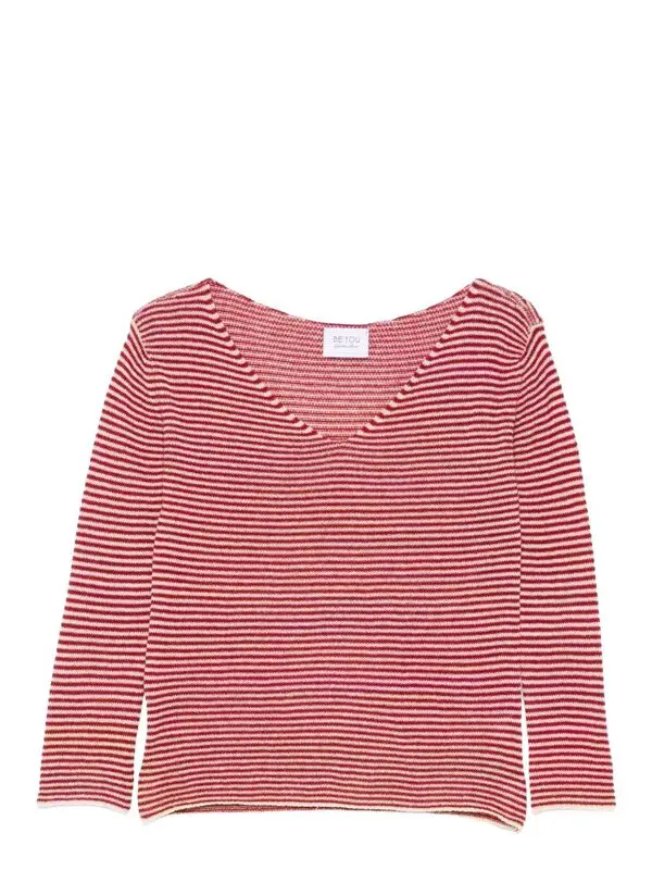 BEYOU Striped V-neck Sweater - Red
