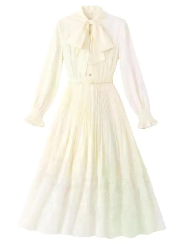SELF-PORTRAIT Bow-detailed Pleated Midi Dress - Neutrals