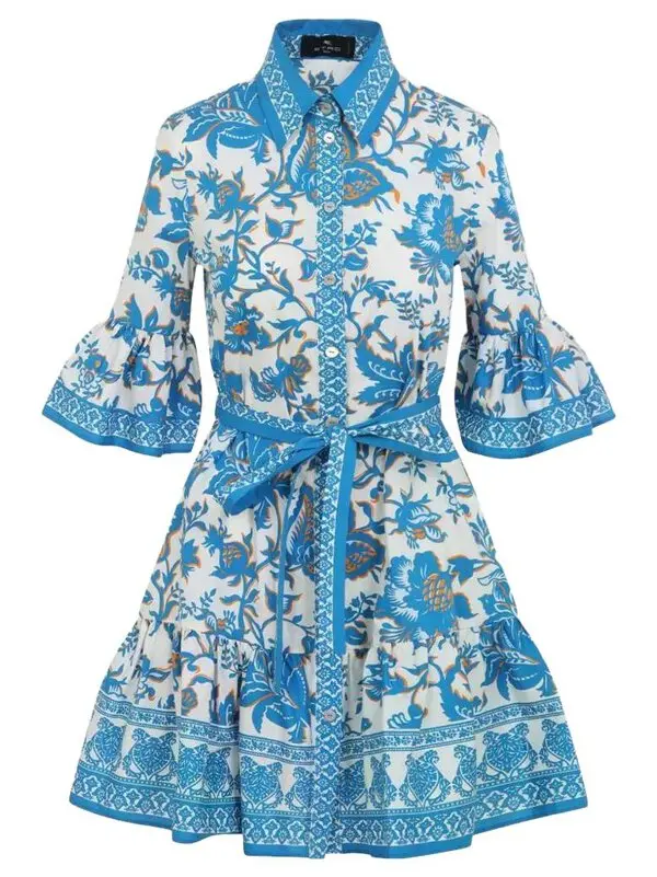 Etro Floral-detail Bell-sleeve Mini Dress - Blue