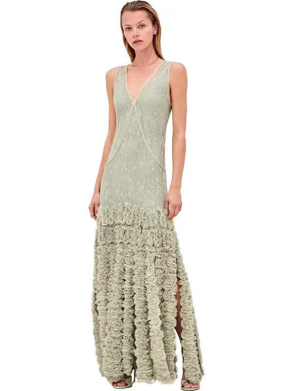 floral green prom dress Green Round Neckline Tea Length Floral Wedding Party Dress, Green Prom Dress main image 1