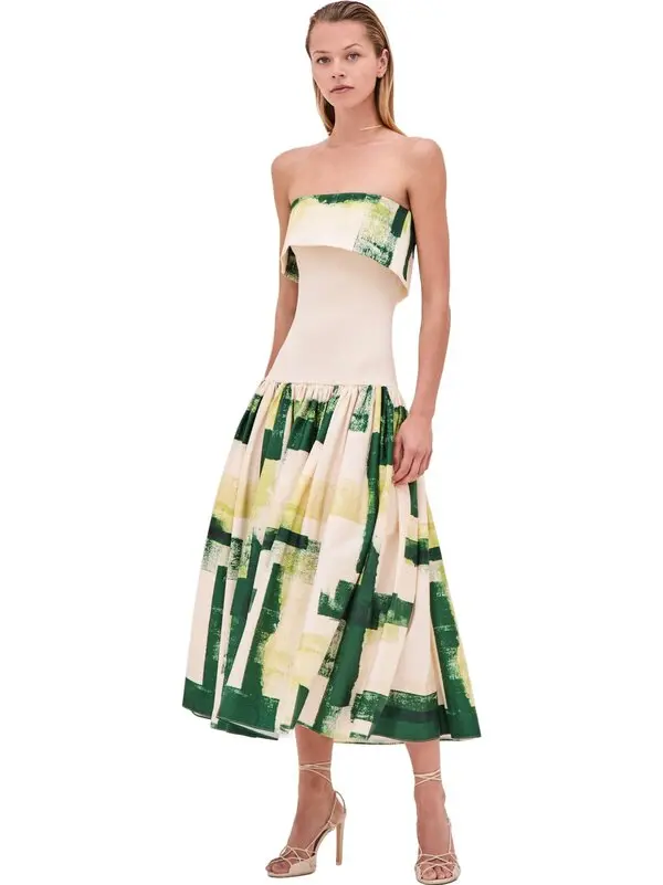 Alexis Robia Strapless Midi Dress - Green Brushstroke