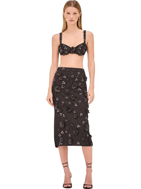 Alexis Remi Floral Appliqué Top - Black Raffia