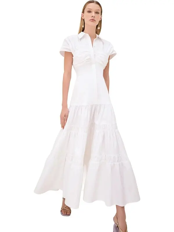 Alexis Carosini Shirred Tiered Midi Dress - White