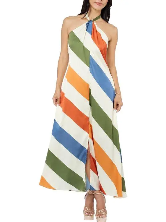 CIEBON Jayla Diagonal Stripe Halter Dress - White Multi