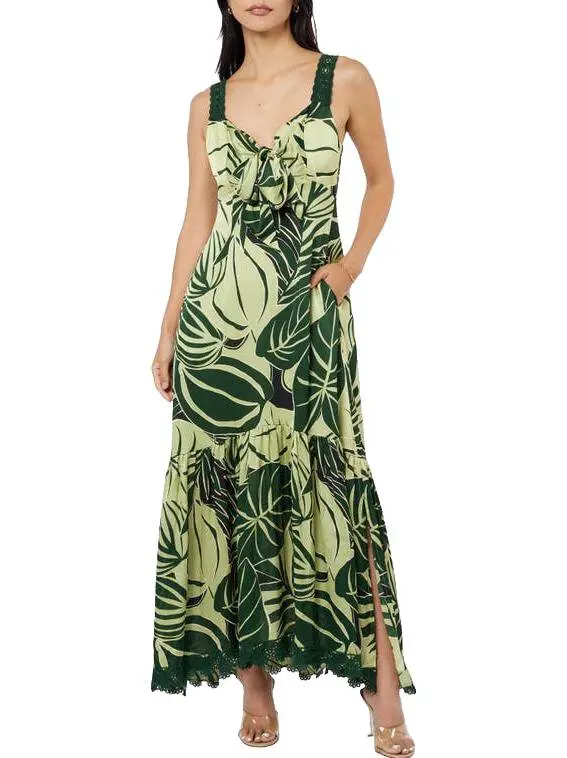 CIEBON Kira Lace Trim Print Maxi Dress - Green Multi