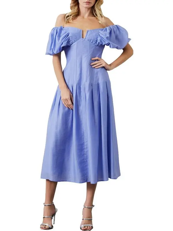 CIEBON Puff Sleeve Off-the-shoulder Dress - Malibu Blue