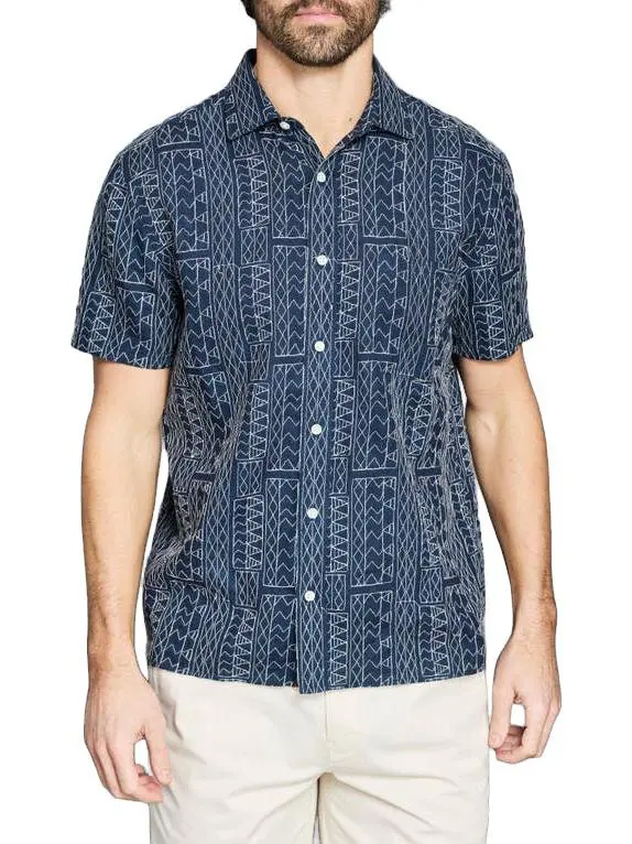 Billy Reid Geo Stitch Short Sleeve Linen Sport Shirt - Blue