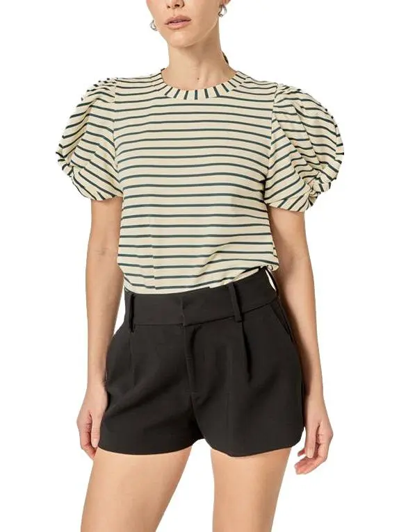English Factory Puff Sleeve Striped T-shirt - Ivory/green