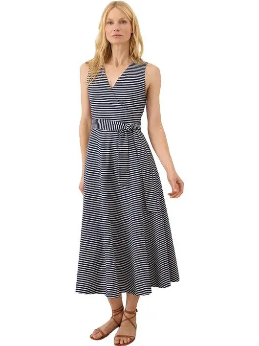 PACT Fit & Flare Easy V-neck Dress - Hudson Stripe Navy Blue