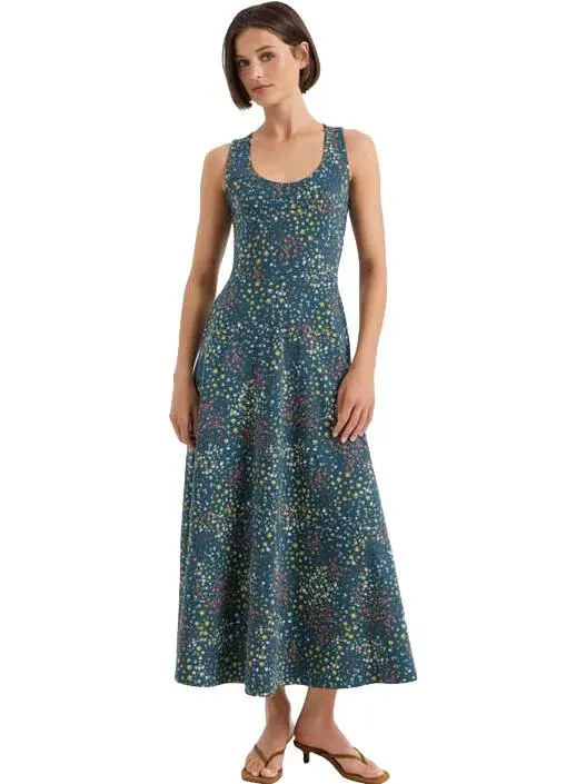 PACT Fit & Flare Organic Cotton Maxi Dress With Open Back - Deep Aqua Flower Fields