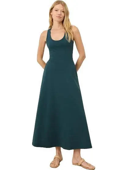 PACT Fit & Flare Organic Cotton Maxi Dress With Open Back - Deep Aqua