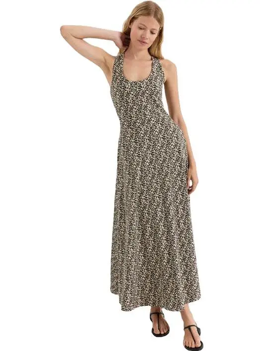 PACT Fit & Flare Organic Cotton Maxi Dress With Open Back - Flax Heather Leafmark