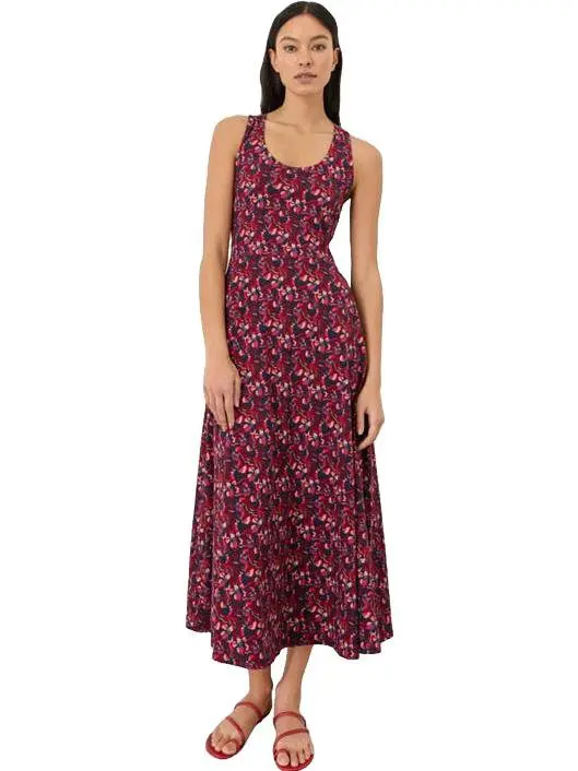 PACT Fit & Flare Organic Cotton Maxi Dress With Open Back - Paradise Petals Poppy Red