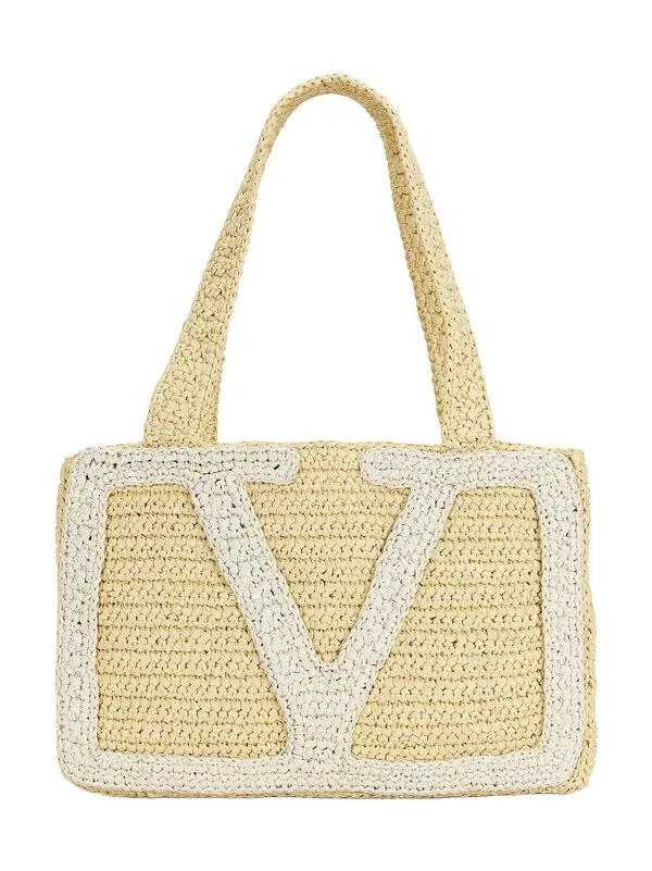 Valentino Garavani Crochet Raffia Viva Superstar Medium Tote Bag - Naturale & Butter White
