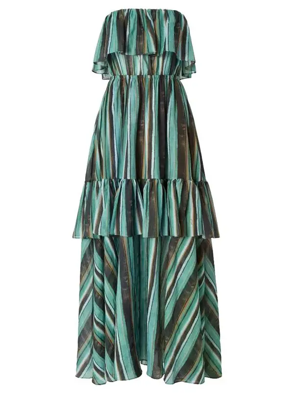Pinko Ruffled Striped Strapless Maxi Dress - Green