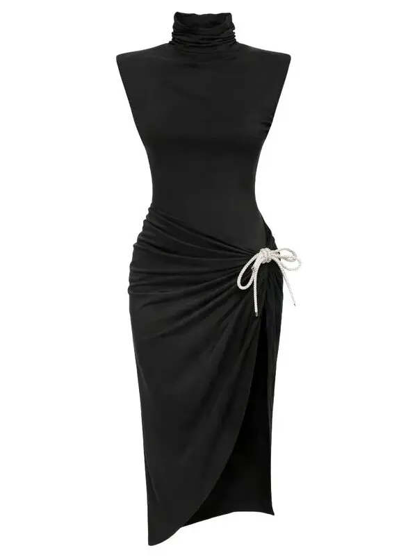 AREA Embellished Asymmetric Midi Dress - Black