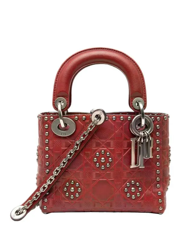 Dior 2017 Mini Embossed Cannage Studded Flower Lady Satchel - Red