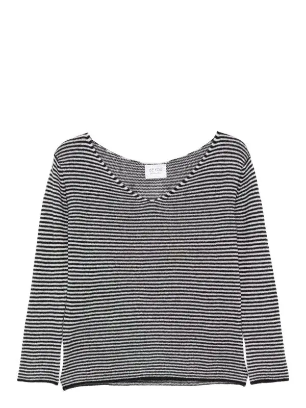 BEYOU Striped V-neck Sweater - Black