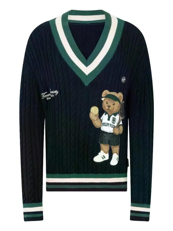 Philipp Plein V-neck Cable Knit Pullover With Embroidered Teddy Bear - Blue