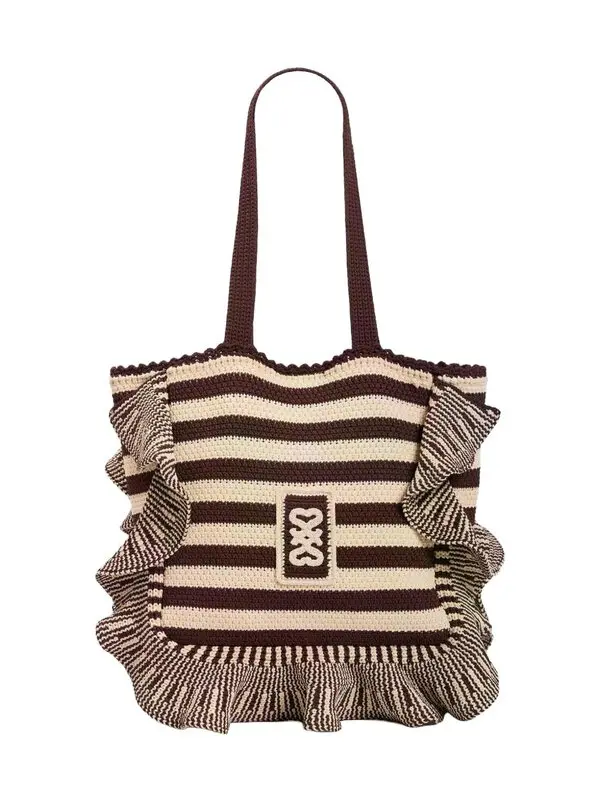 Sandro Striped Ruffled Crochet Tote Bag - Brown