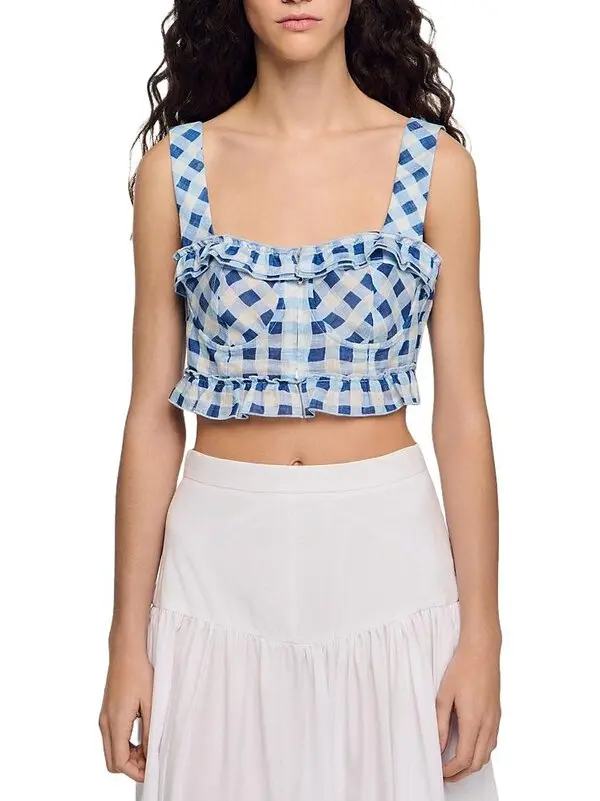 Sandro Gingham Linen Blend Crop Top - Blue / White
