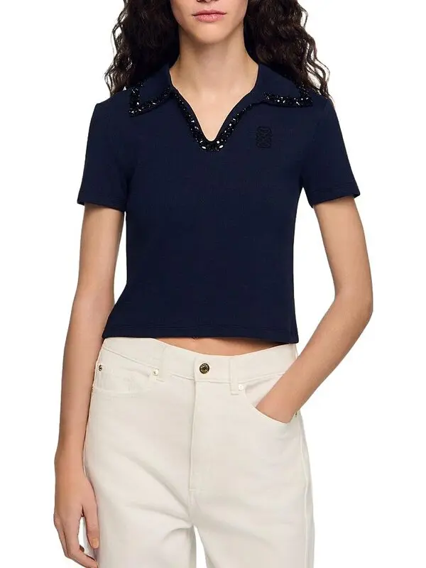 Sandro Auxane Embellished Polo Top - Navy Blue
