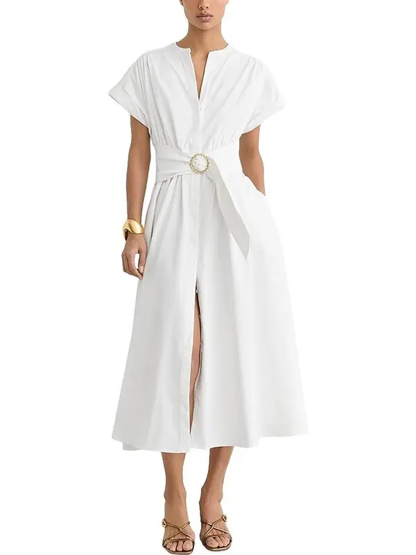 REISS Petite Cotton Belted Dress - Ivory